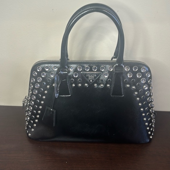 Prada | Bags | Prada Pyramid Saffiano Vernice Crystal Embellished Top ...